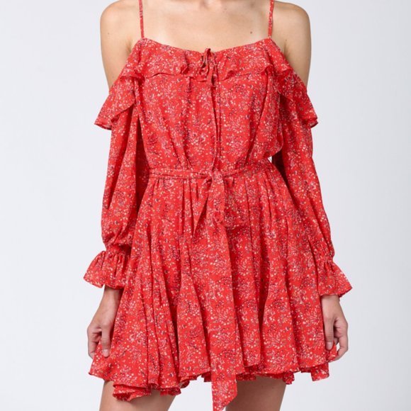 Fate | Dresses | New Fate Ditsy Red Floral Print Cold Shoulder Ruffle ...